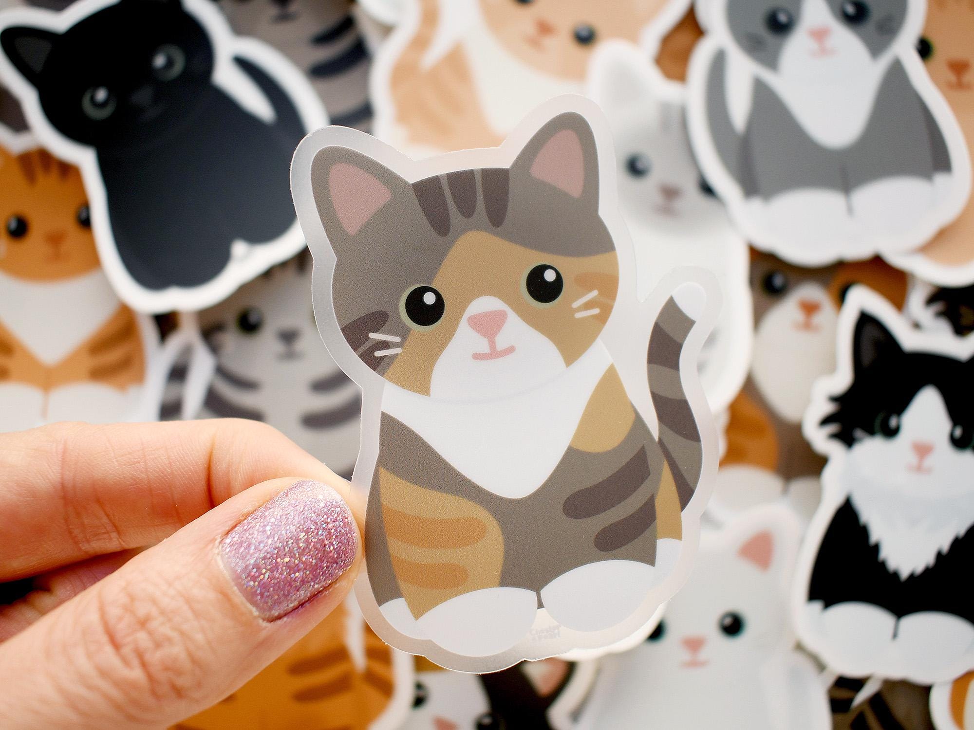 Tabico Cat Vinyl Sticker, Tabby Calico Water Bottle Decal, Cute Cartoon ...