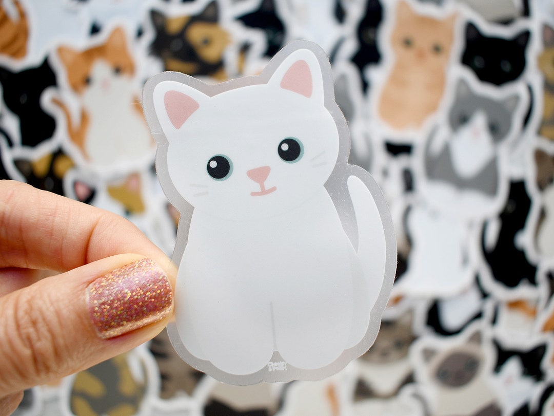 White Cat Vinyl Sticker for Water Bottle and Laptop, Cute Cartoon ...