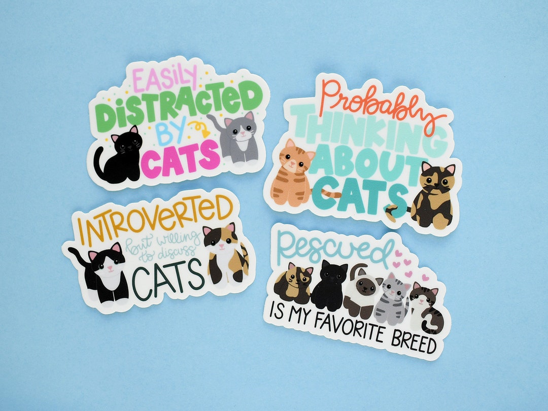Set of 4 Funny Cat Stickers, Cute Cat Sticker Pack, Waterproof Cat ...