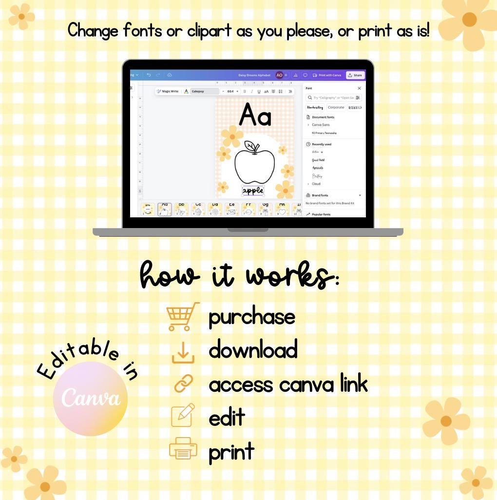 Alphabet Classroom Editable Posters, Canva Templates, Cute Daisy ...