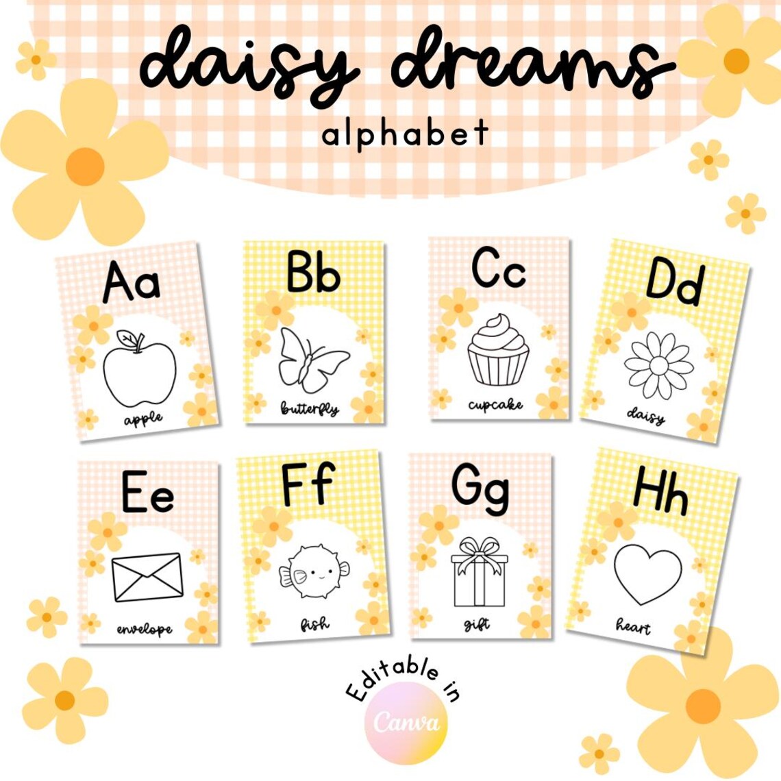 Alphabet Classroom Editable Posters, Canva Templates, Cute Daisy ...
