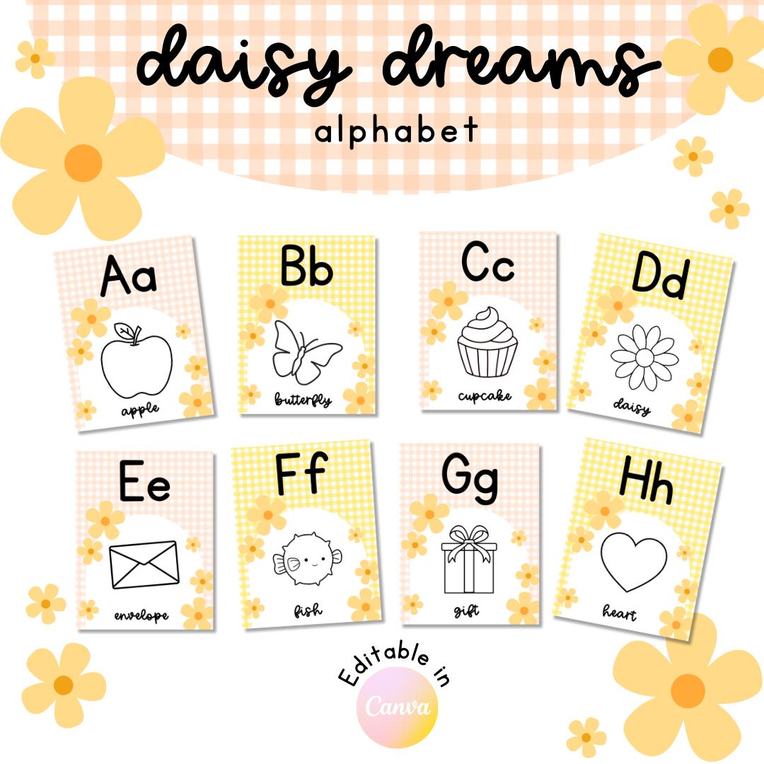 Alphabet Classroom Editable Posters, Canva Templates, Cute Daisy ...