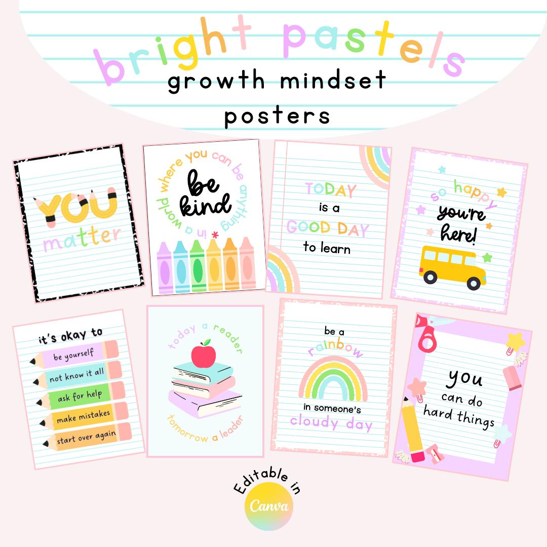 Growth Mindset Editable Classroom Printable Posters, Bright Rainbow ...