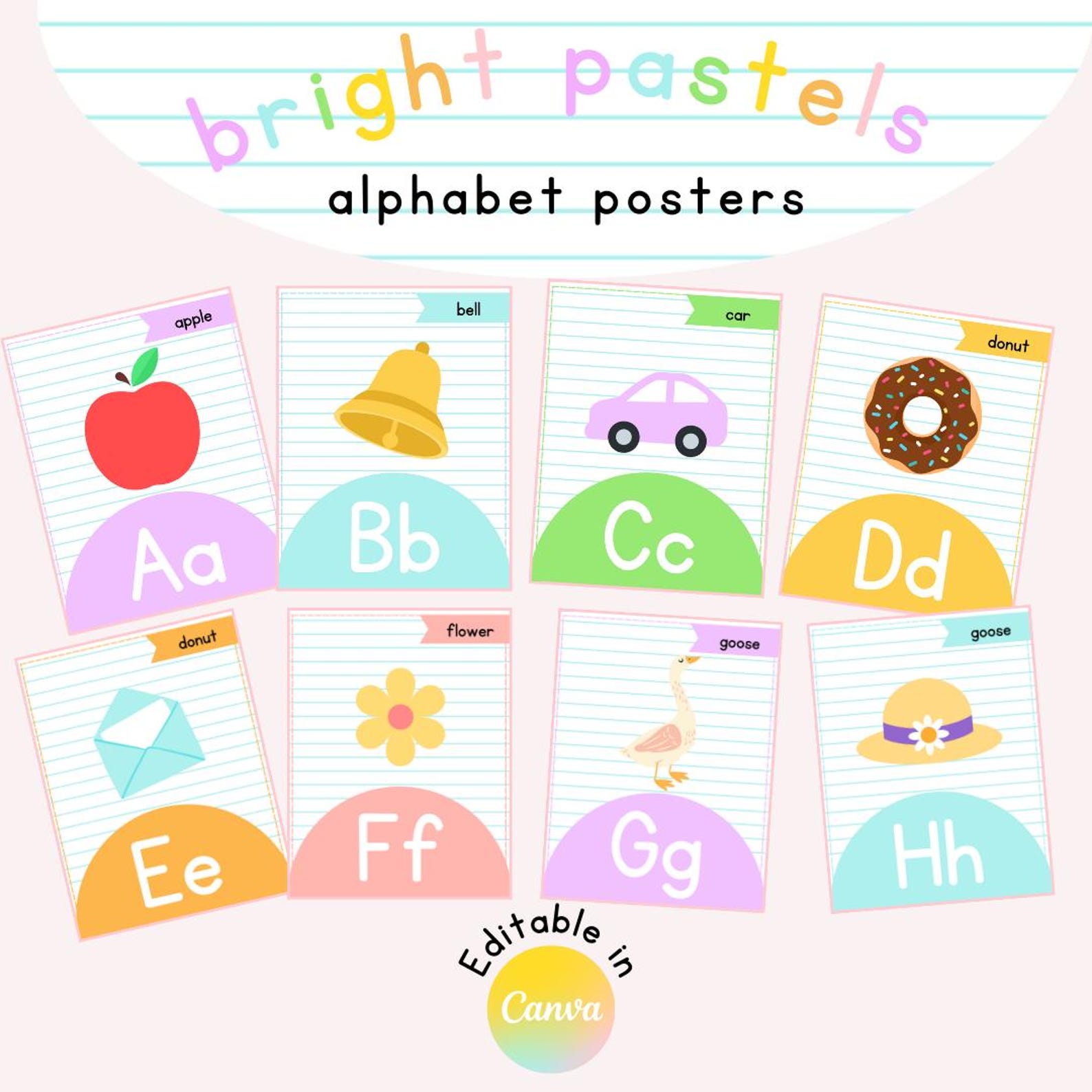 Alphabet Classroom Editable Posters, Canva Templates, Cute Rainbow ...