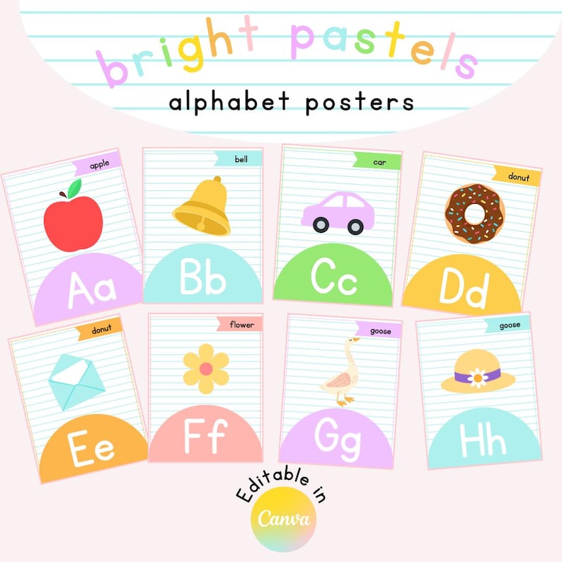 Alphabet Classroom Editable Posters, Canva Templates, Cute Rainbow ...