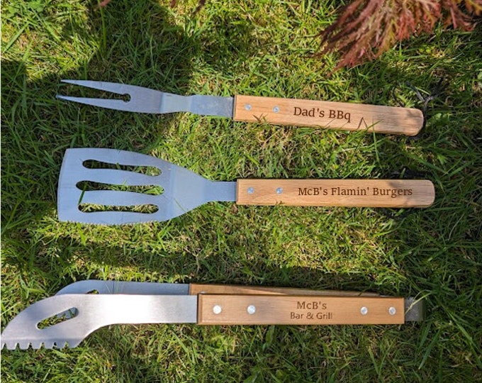 Personalised 3 Tool BBQ Set With Wooden Handles, Father's Day, Birthday ...