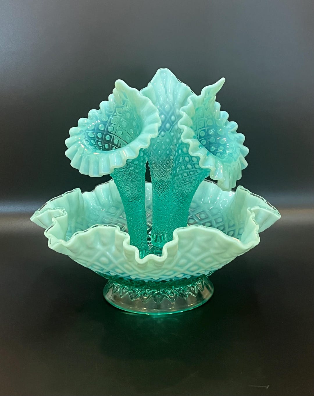 Vintage Fenton Glass Epergne Diamond Lace Opalescent Aqua/green Blown ...