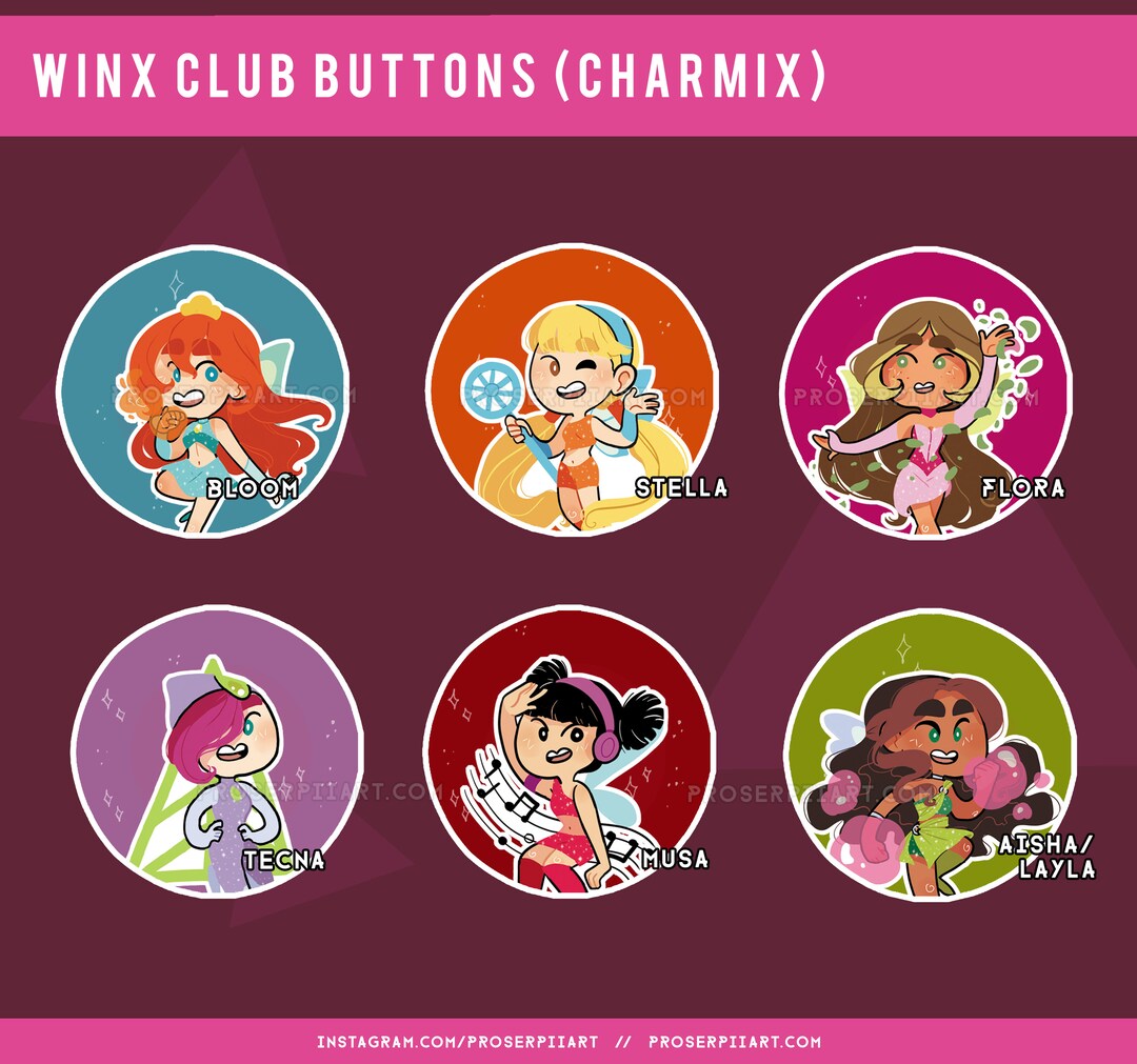 Winx Club Buttons ,, Charmix & Enchantix Bloom Stella Flora Musa Tecna ...