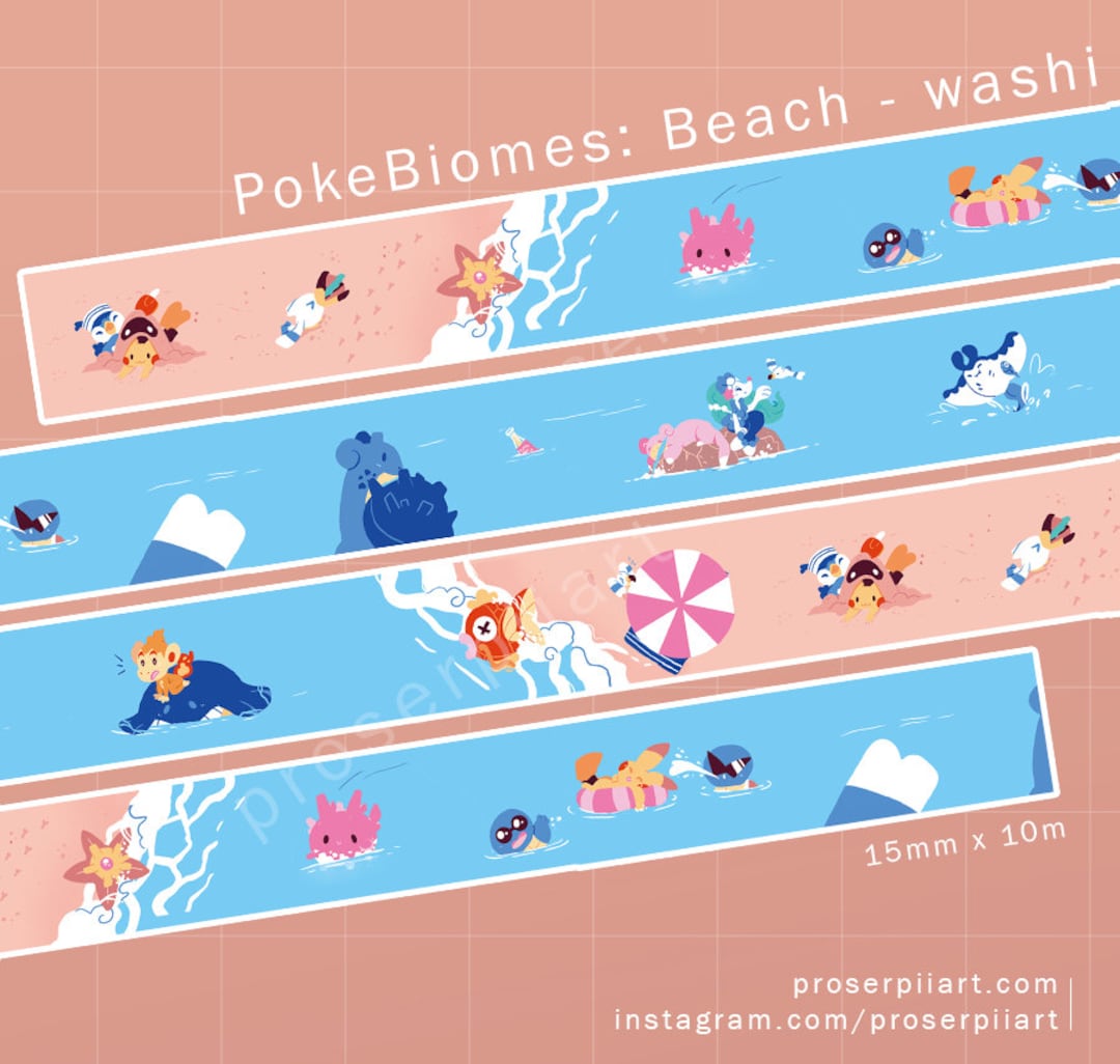 Pokemon Biomes: Beach Washi Tape 15mmx1m Notepad ,, Pikachu Piplup ...