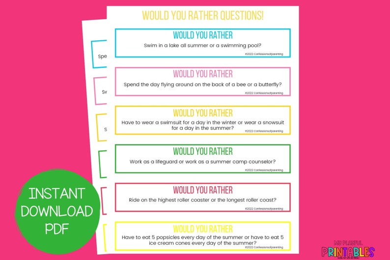 100 Summer Would You Rather Questions | Printable Summer Game | Would ...