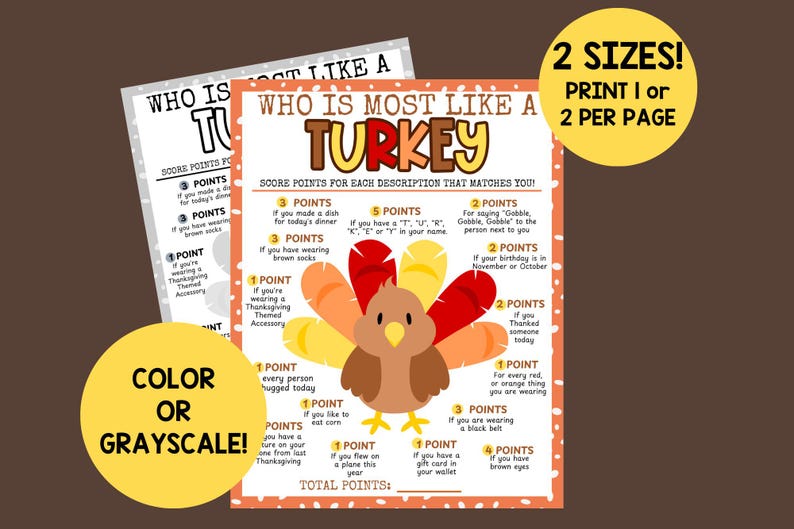 Who is Most Like A Turkey Game | Printable Thanksgiving Party Game ...