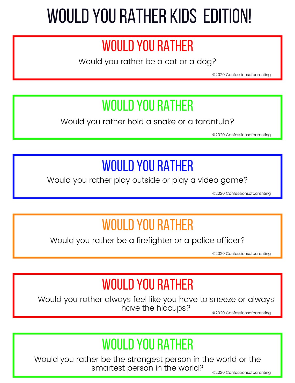 60 Would You Rather Questions for Kids Journal Prompts Story - Etsy