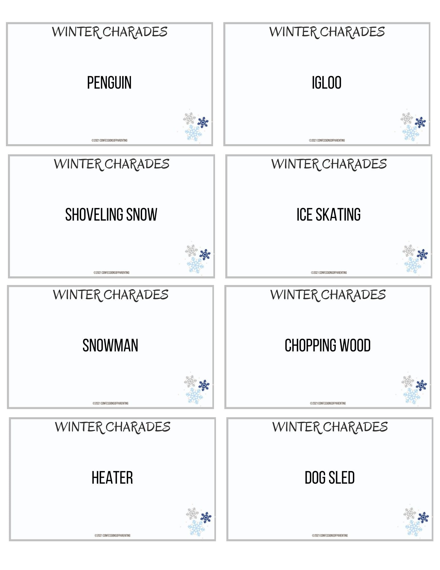 Winter Charades for Kids, Holiday Activity for Kids, Cold Weather ...
