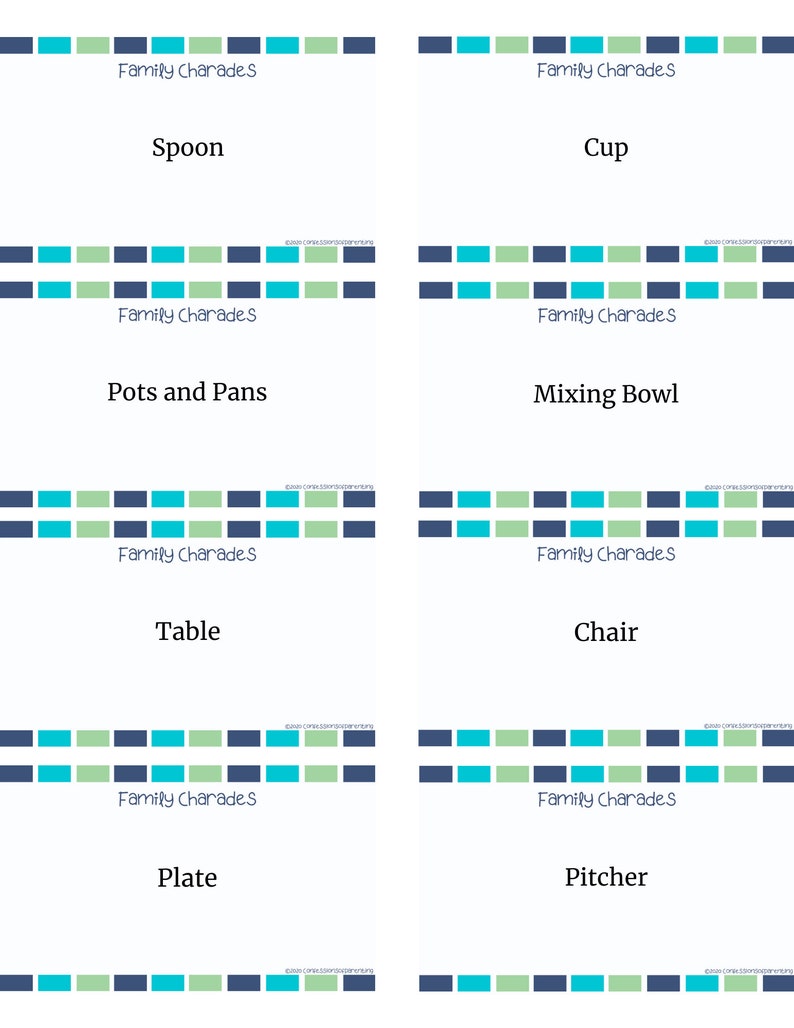 100 Family Charades | Printable Family Charades | Charades Game for ...