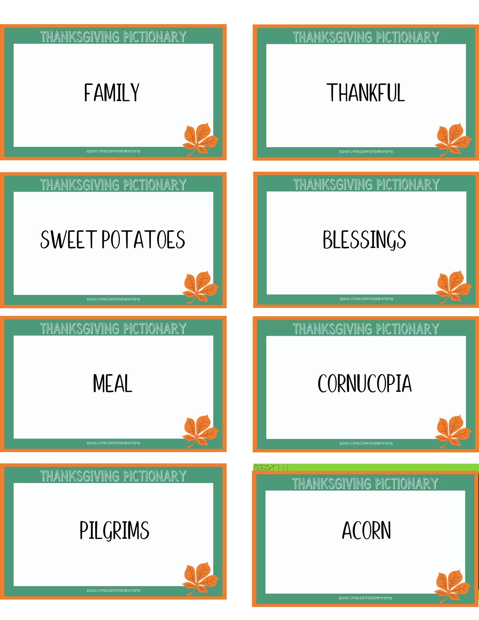 48 Thanksgiving Pictionary | Printable Thanksgiving Pictionary ...
