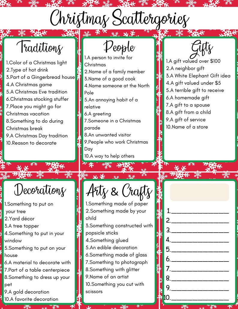 Christmas Scattegories | Printable Christmas Scattergories | Christmas ...