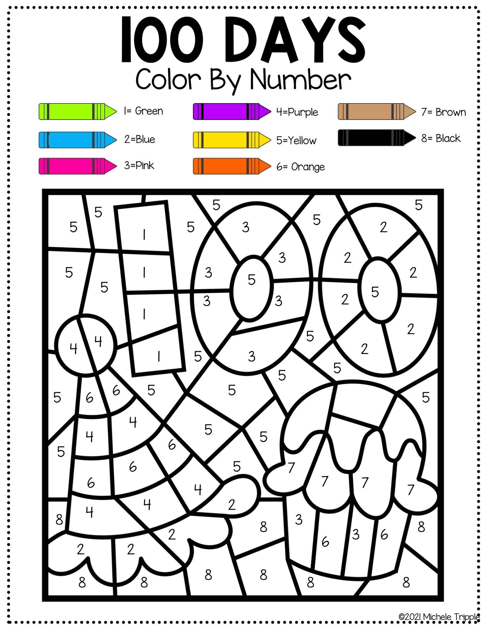 100 Days of School Color by Number, Coloring Guide for Kids, Coloring ...