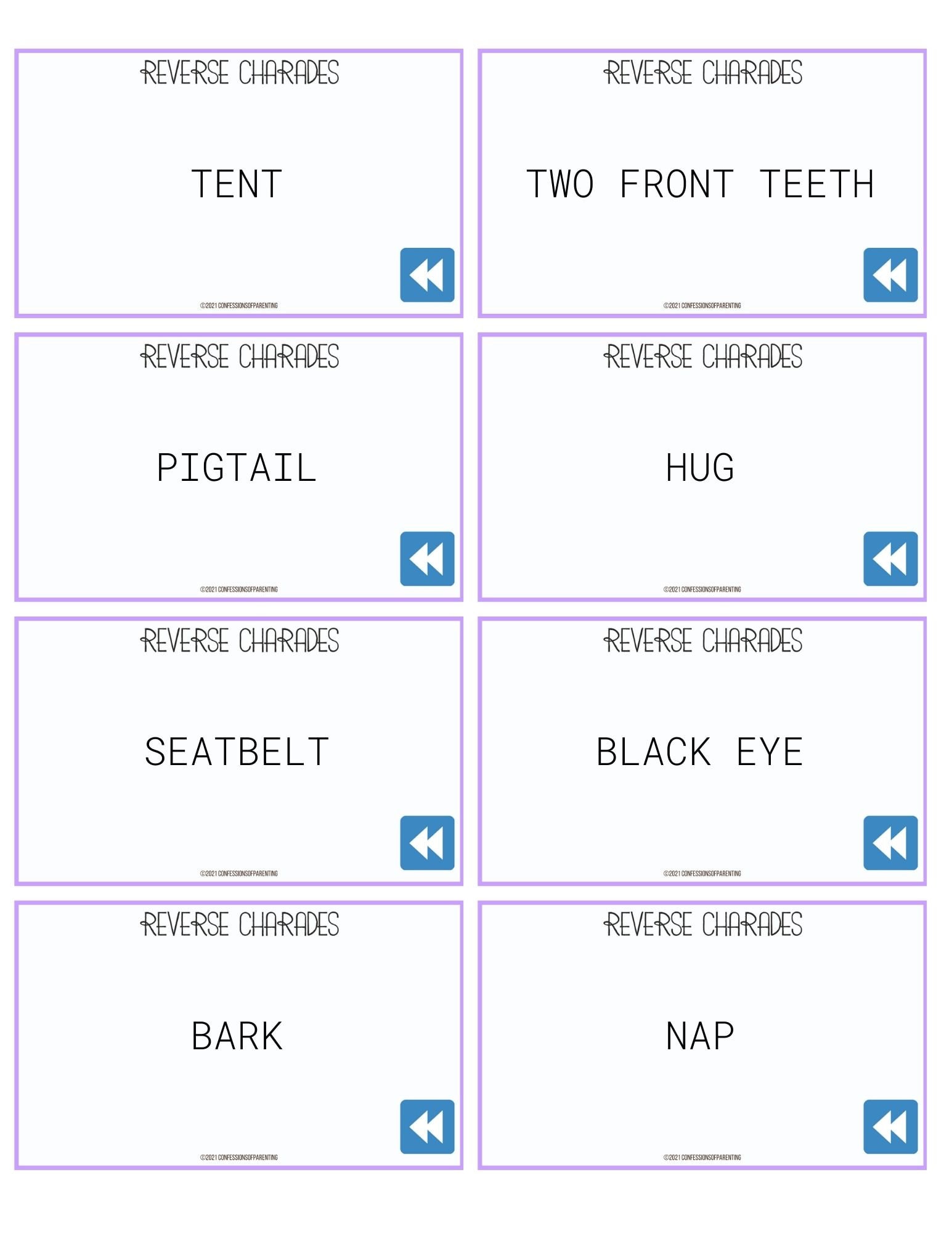 50 Reverse Charade Charades for Everyone Reverse Charades Party Game ...