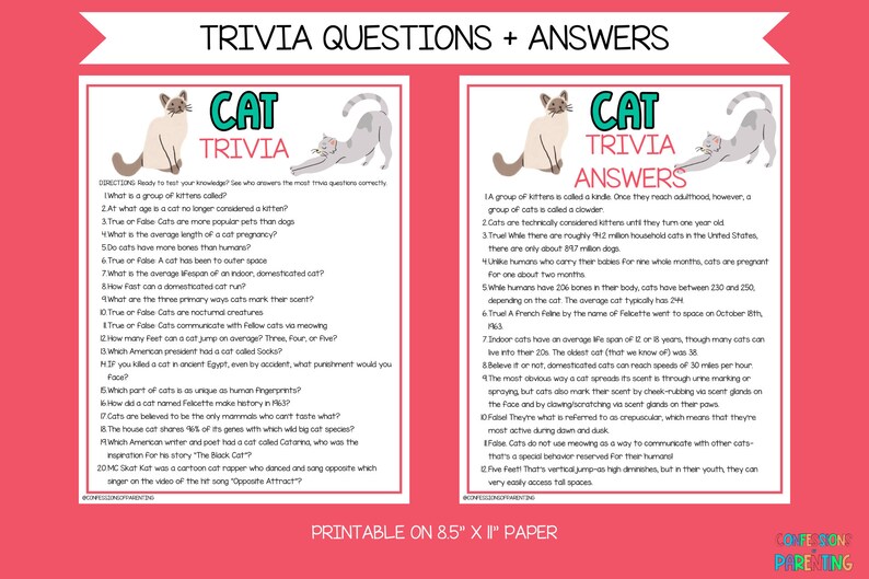 Cat Trivia Trivia for Classroom Printable Trivia Fun Trivia for Kids ...