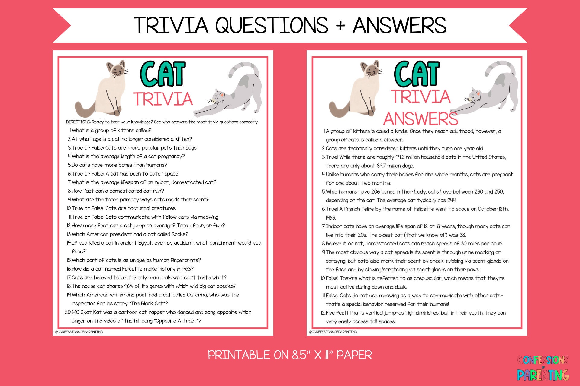 Cat Trivia Trivia for Classroom Printable Trivia Fun Trivia for Kids ...
