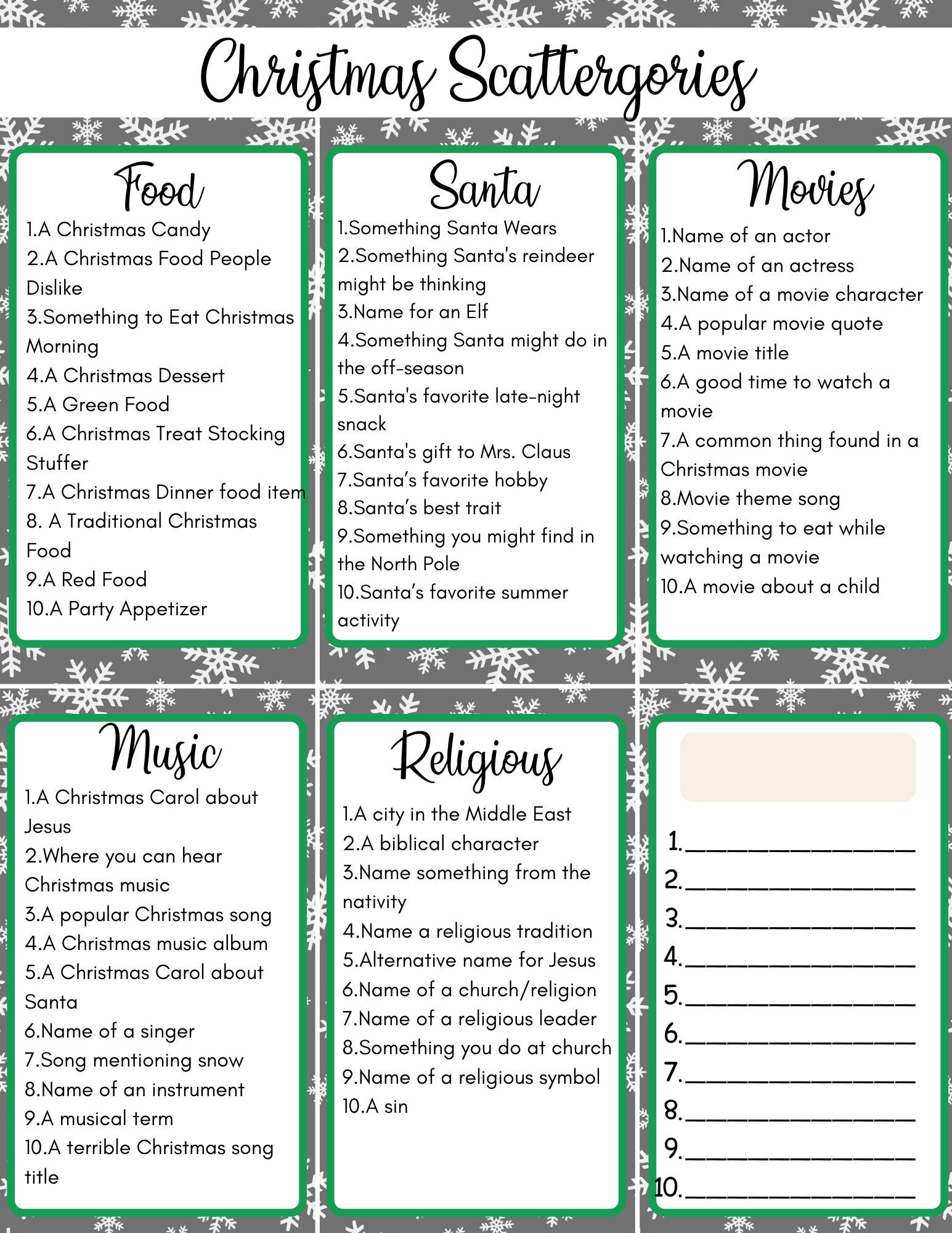 Christmas Scattegories | Printable Christmas Scattergories | Christmas ...
