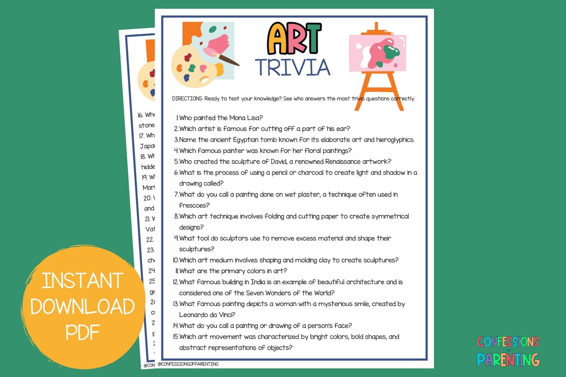 150 Art Trivia Questions | Trivia for Kids |homeschool Trivia ...