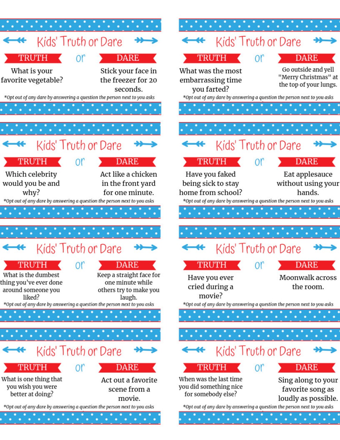 200 Truth or Dare Cards for Kids | Printable Truth or Dare Cards | Kids ...