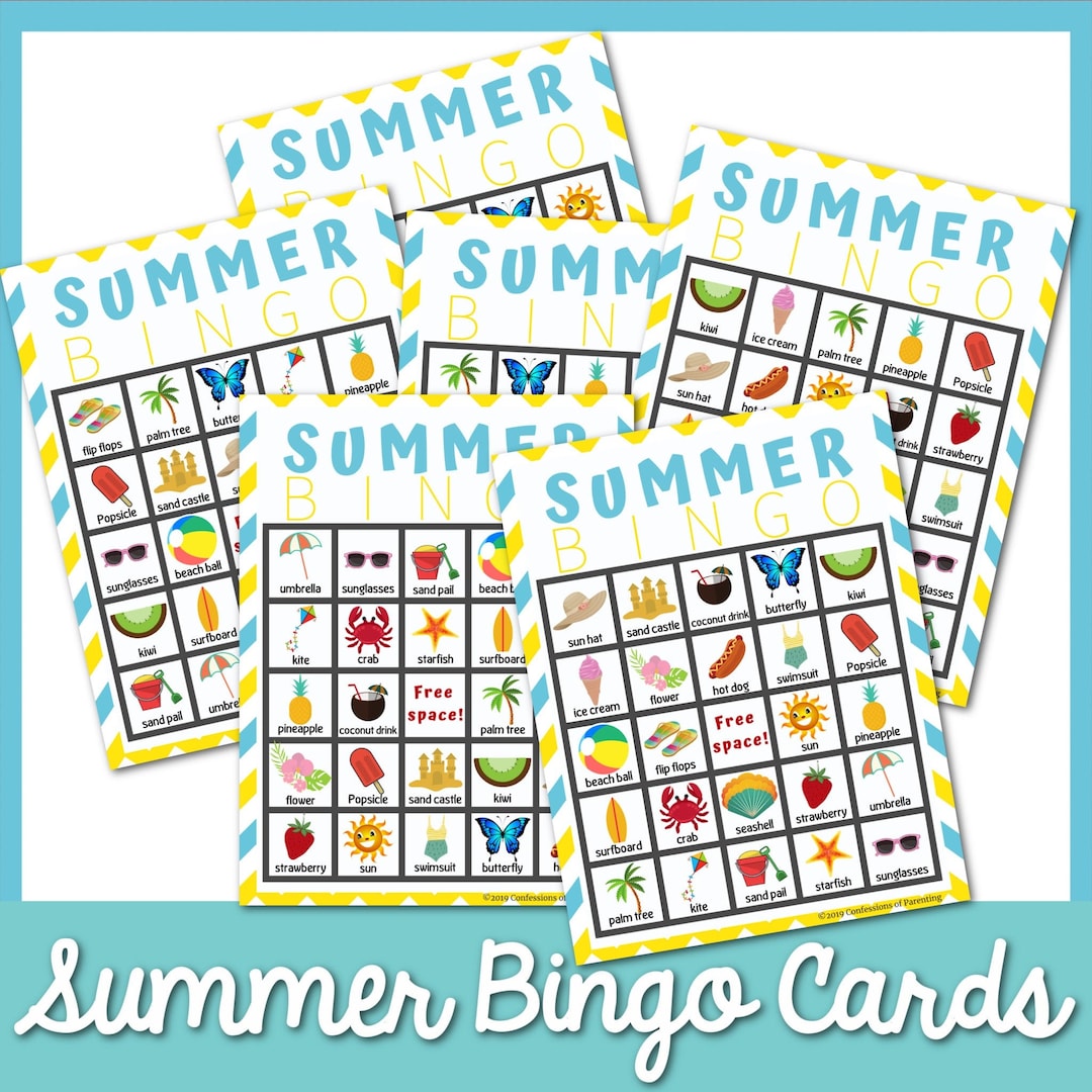 7 Summer Bingo Cards | Printable Summer Bingo | Summer-themed Bingo ...