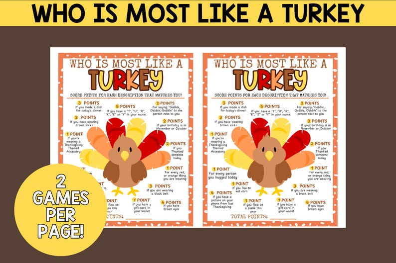 Who is Most Like A Turkey Game | Printable Thanksgiving Party Game ...