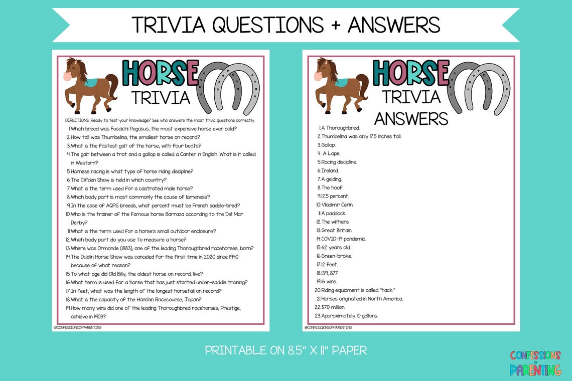 Horse Trivia Trivia for Kids Horse Unit Study Science Trivia Trivia in ...