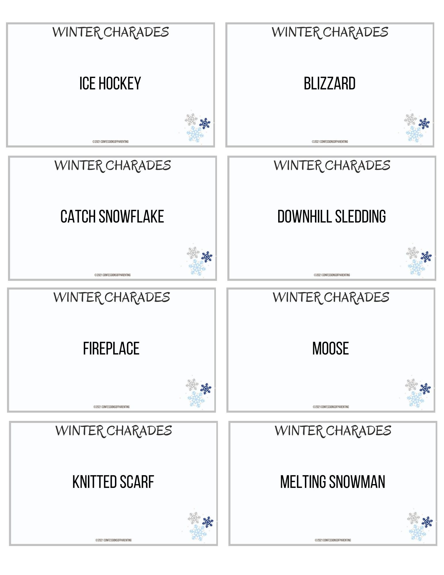 Winter Charades for Kids, Holiday Activity for Kids, Cold Weather ...