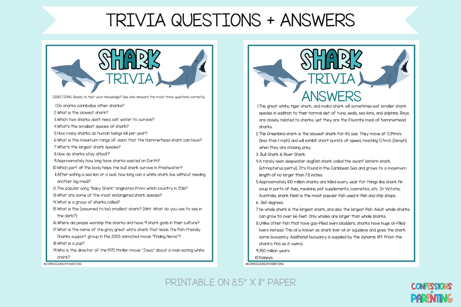 Shark Trivia Trivia for Kids Printable Trivia Game Ocean Trivia ...