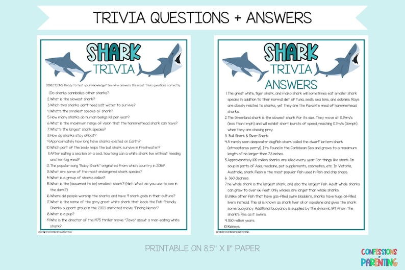 Shark Trivia Trivia for Kids Printable Trivia Game Ocean Trivia ...
