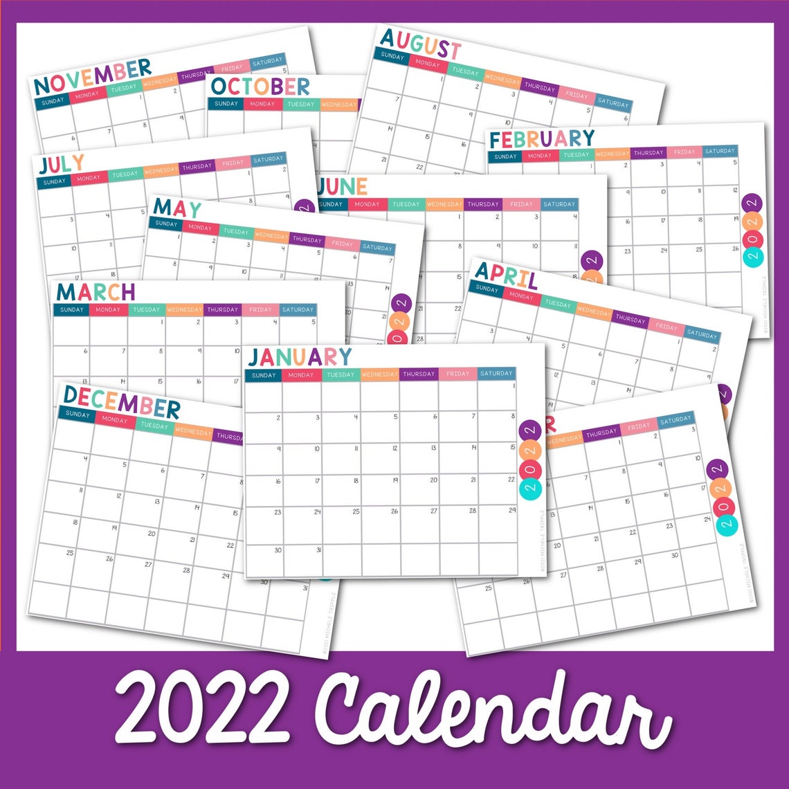 2022 Printable Calendar Monthly Calendar Multi-colored | Etsy