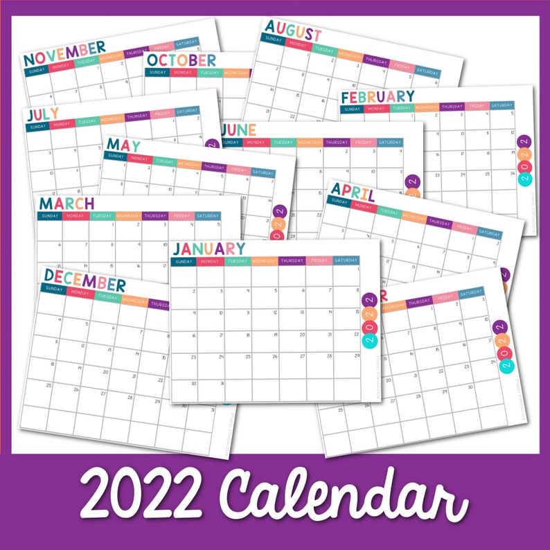 2022 Printable Calendar| Monthly Calendar| Multi-colored Calendar ...