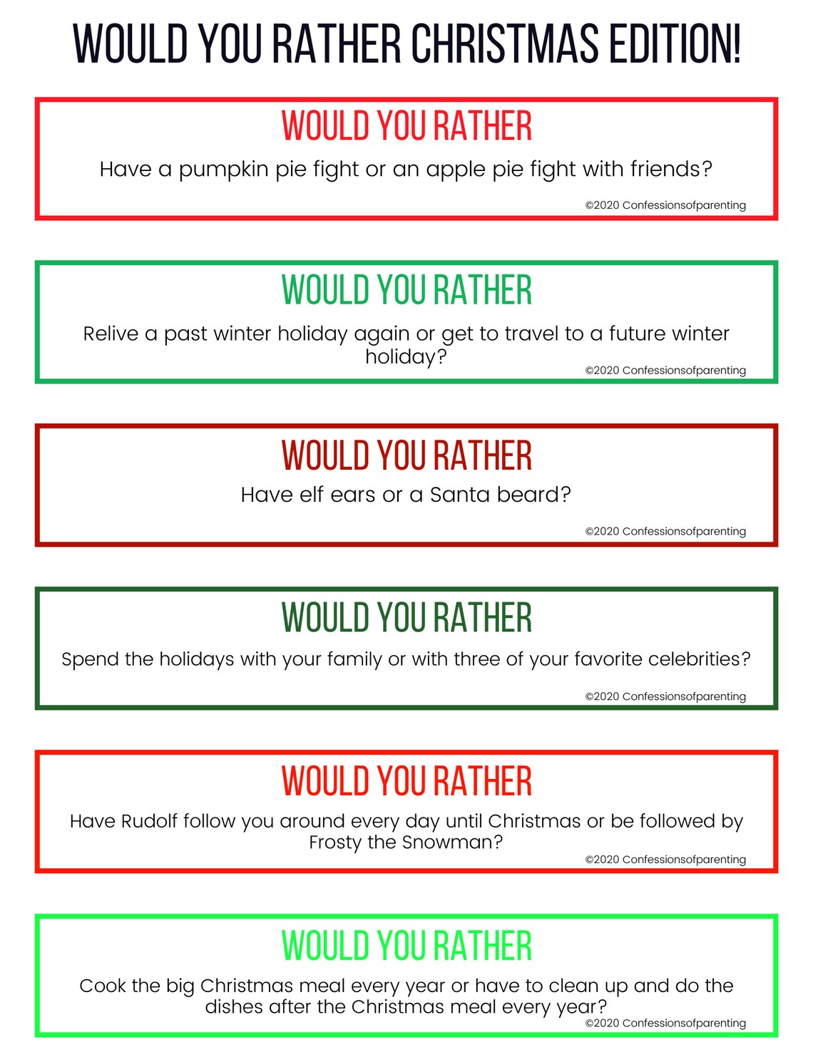 101 Christmas Would You Rather Questions | Printable Christmas Game ...