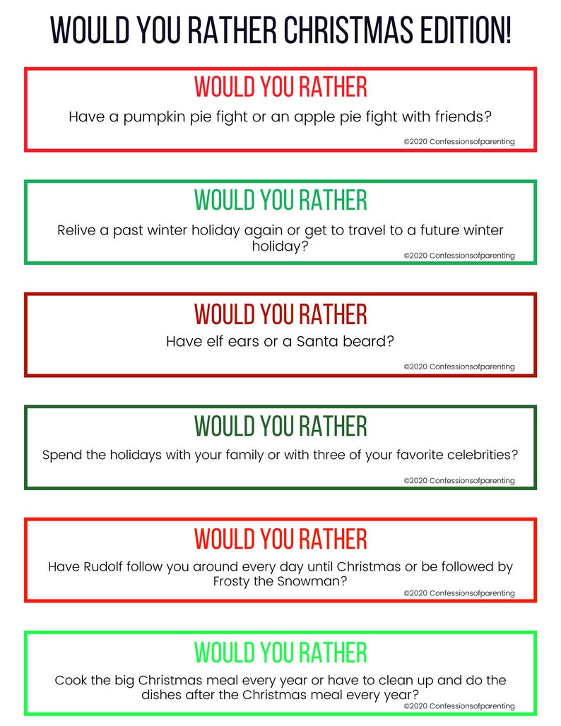 101 Christmas Would You Rather Questions | Printable Christmas Game ...