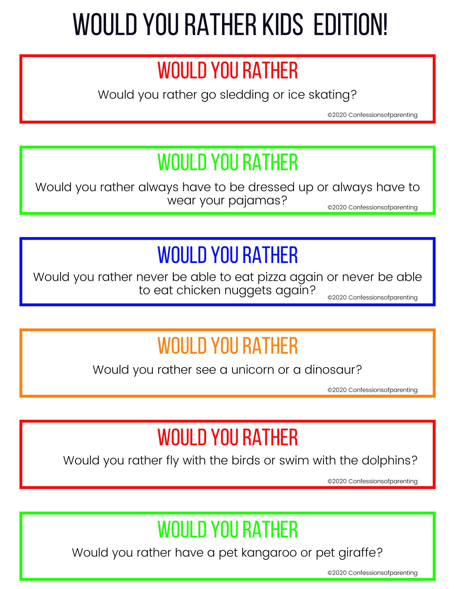 60 Would You Rather Questions for Kids | Printable Would You Rather for ...