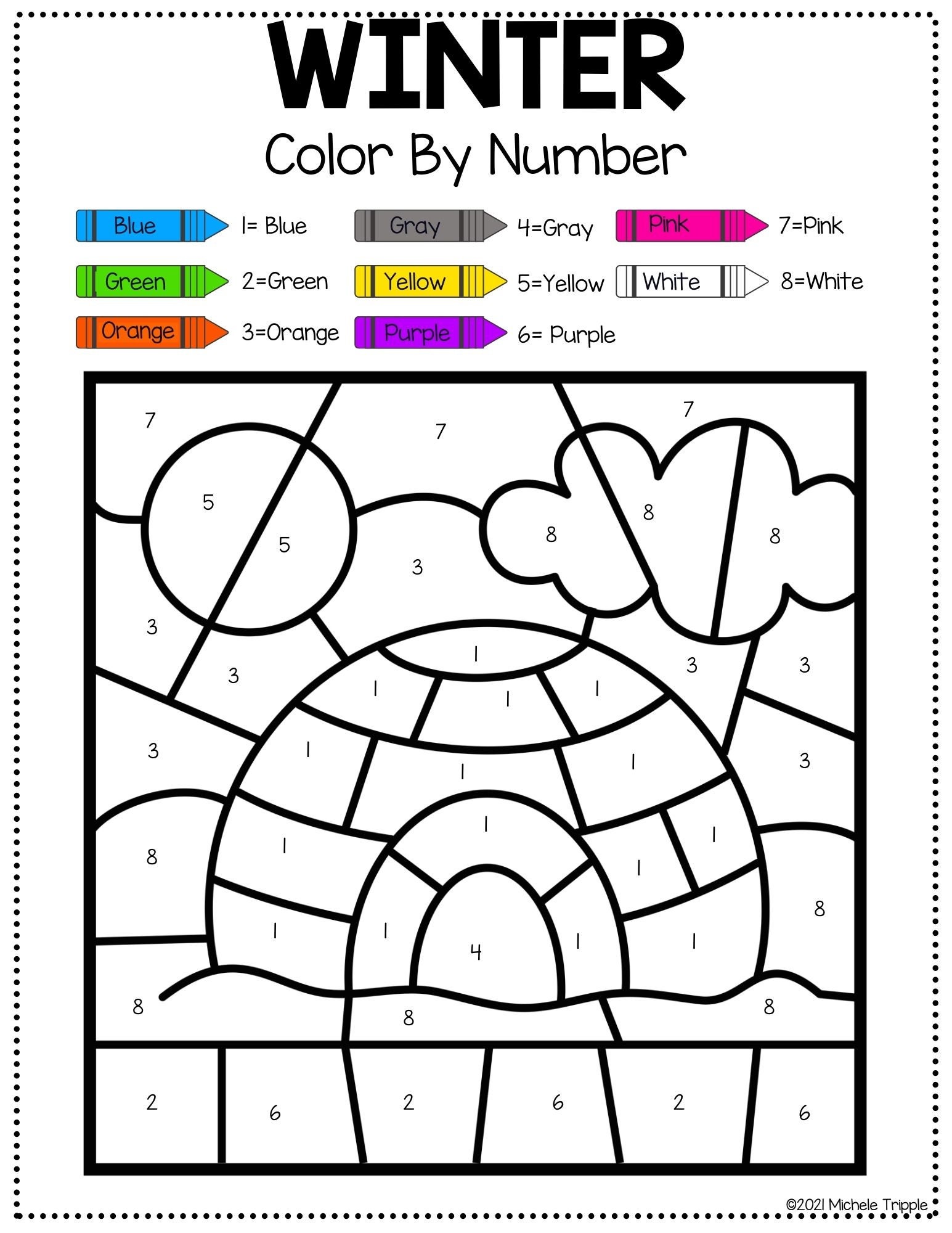 8 hojas de trabajo para colorear por número de invierno/colorear por ...