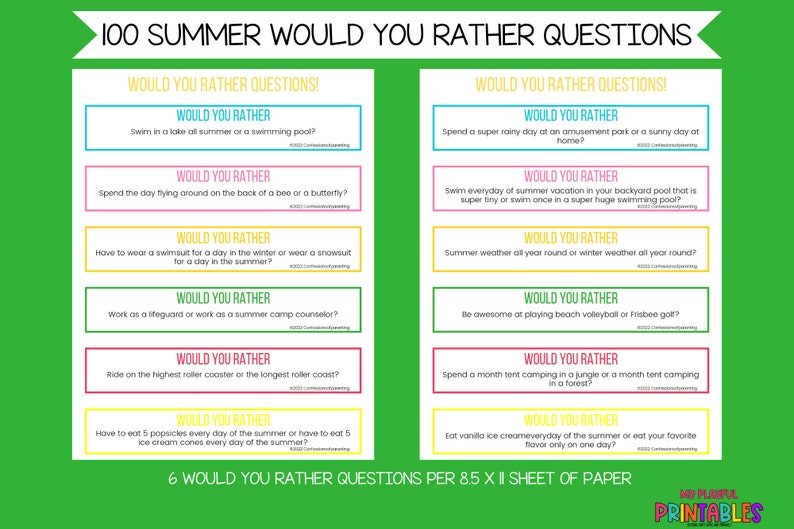 100 Summer Would You Rather Questions | Printable Summer Game | Would ...