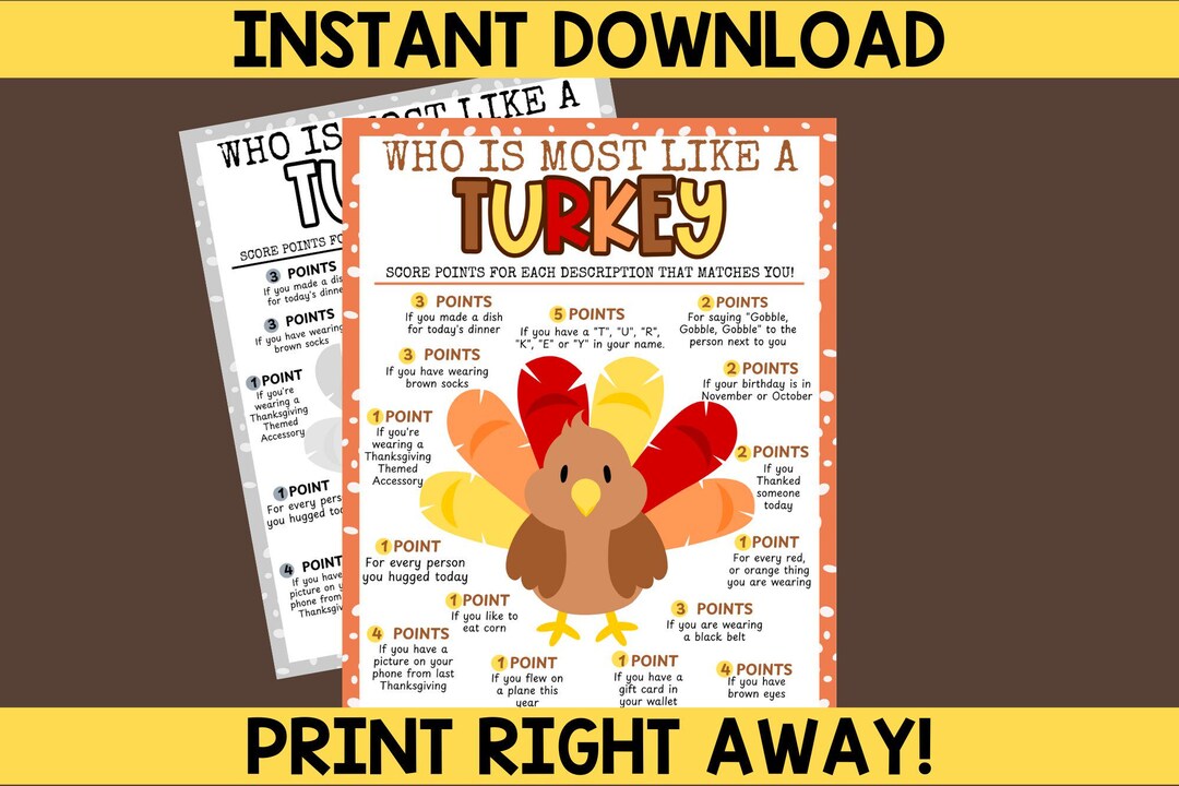 Who is Most Like A Turkey Game | Printable Thanksgiving Party Game ...