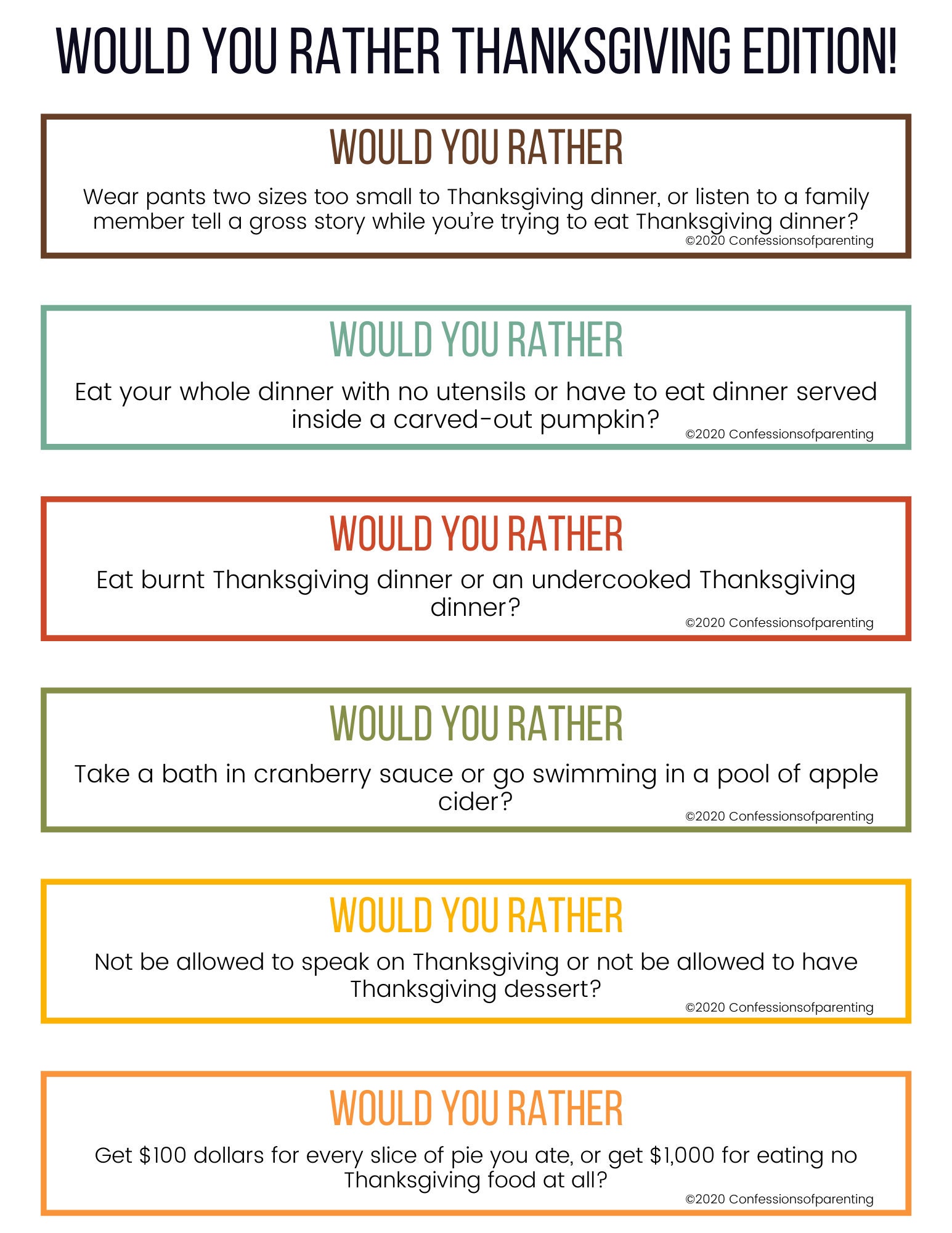 Thanksgiving Would You Rather Questions - Etsy