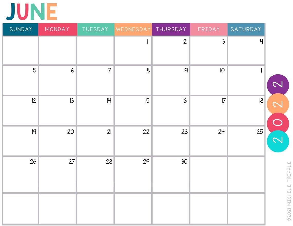 2022 Printable Calendar Monthly Calendar Multi-colored - Etsy