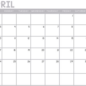 Black and White Calendar Horizontal Calendar Monthly Calendar Printable ...