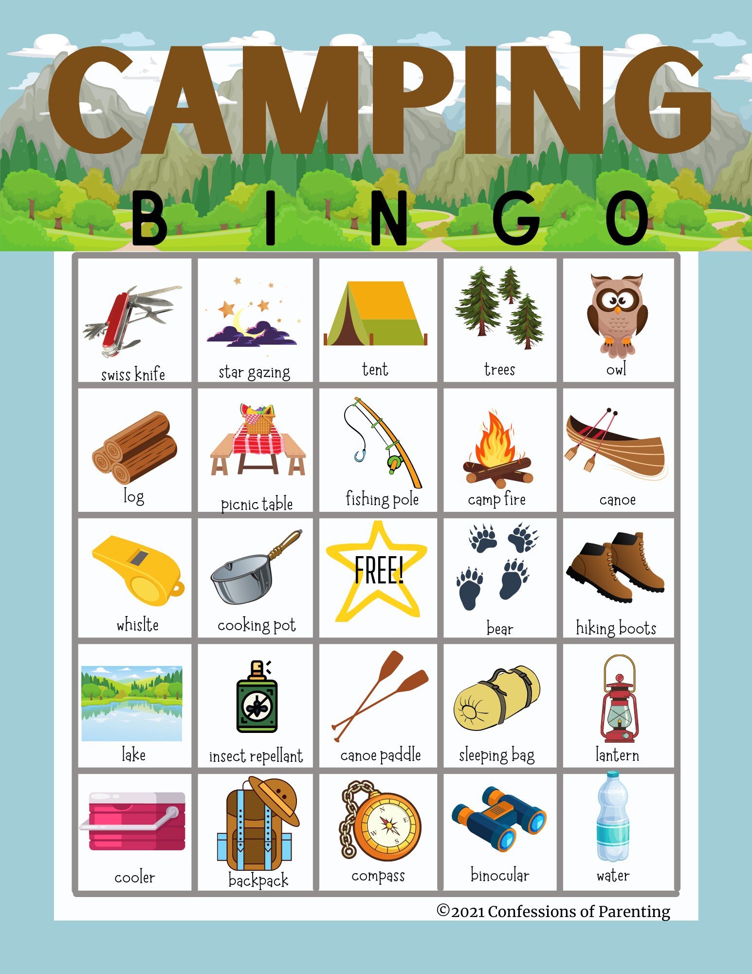 Camping Bingo Game, Bingo Games for Kids, Party Favors, Camping Bingo ...
