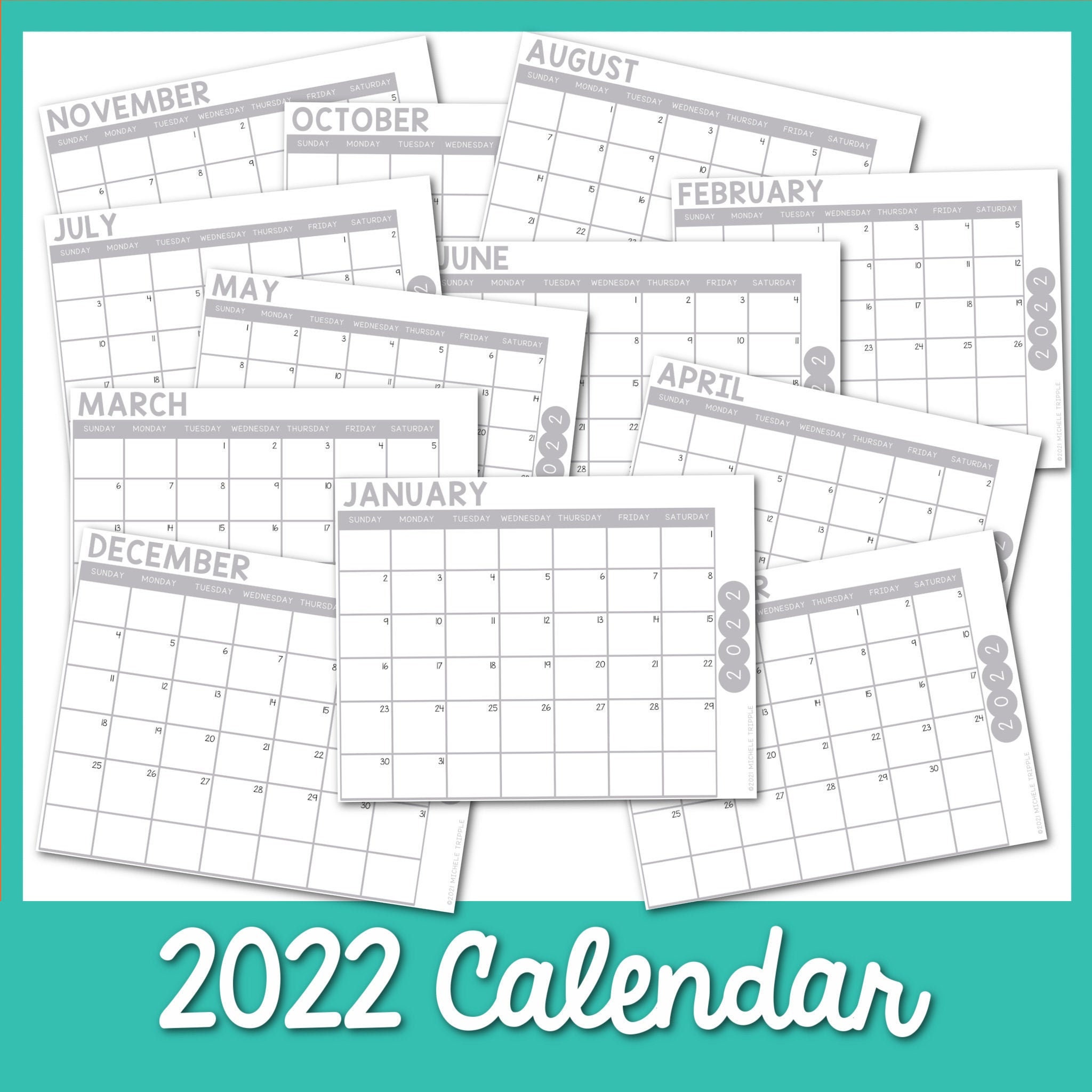 Black and White Calendar Horizontal Calendar Monthly Calendar Printable ...