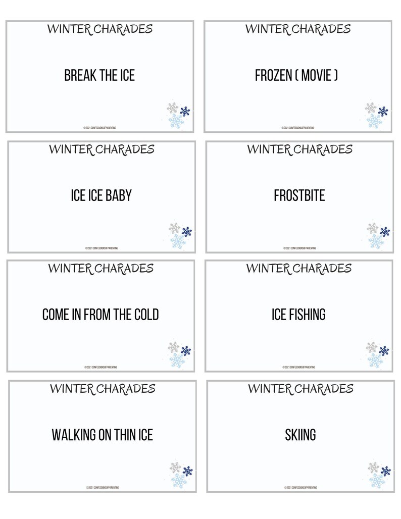 Winter Charades for Kids, Holiday Activity for Kids, Cold Weather ...