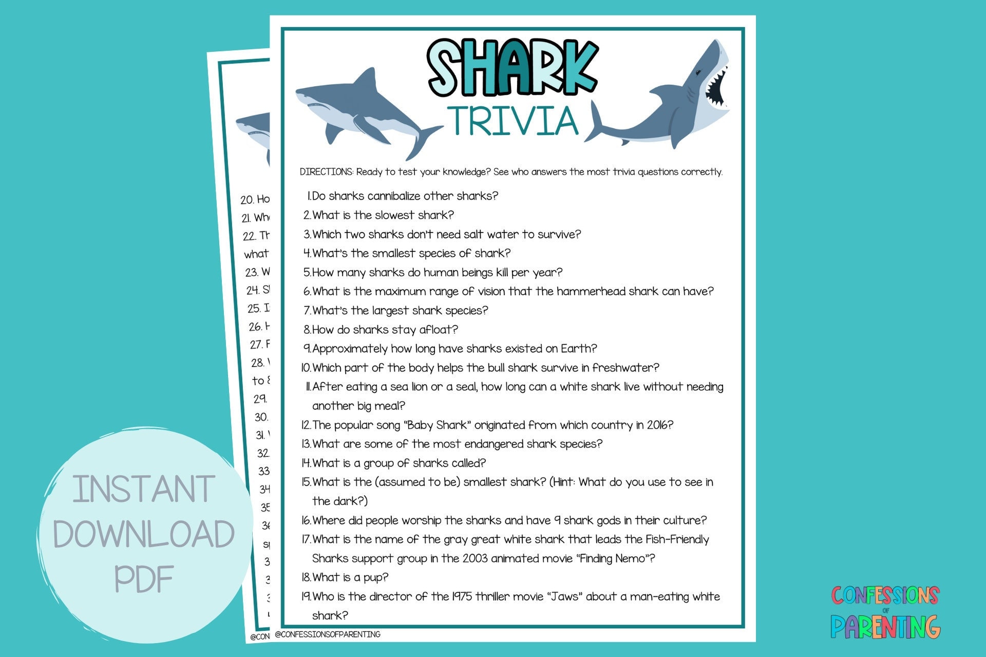 60+ Shark Trivia Questions | Ocean Unit Study | Printable Shark Trivia ...