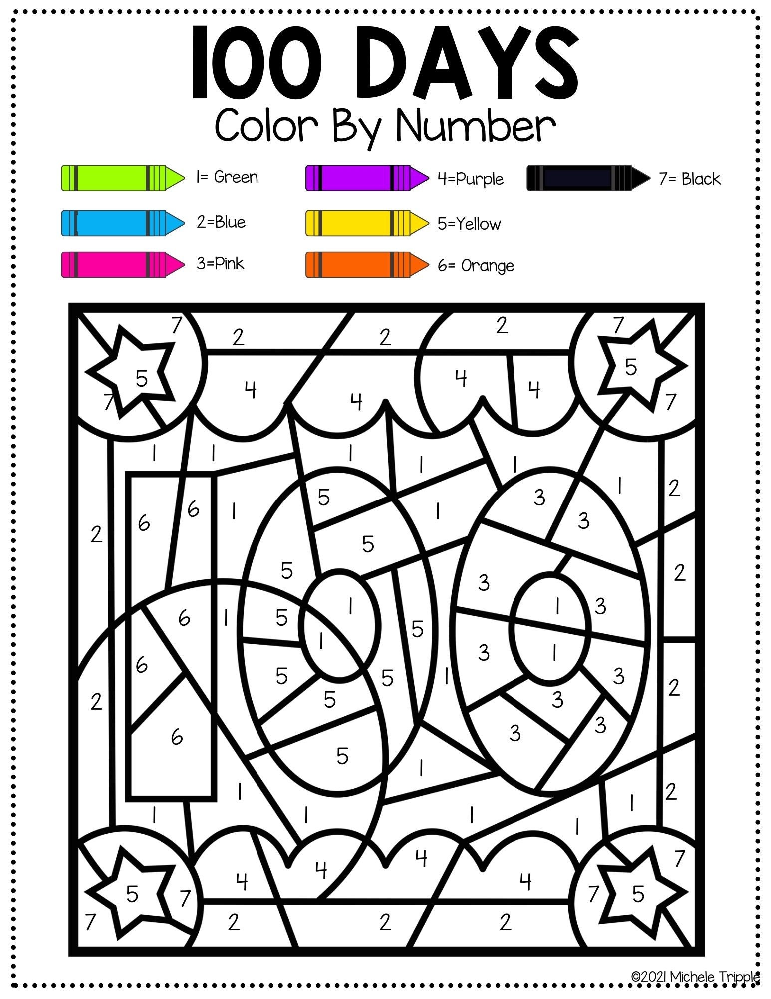 100 Days of School Color by Number | Color by Number Worksheet| 100 ...