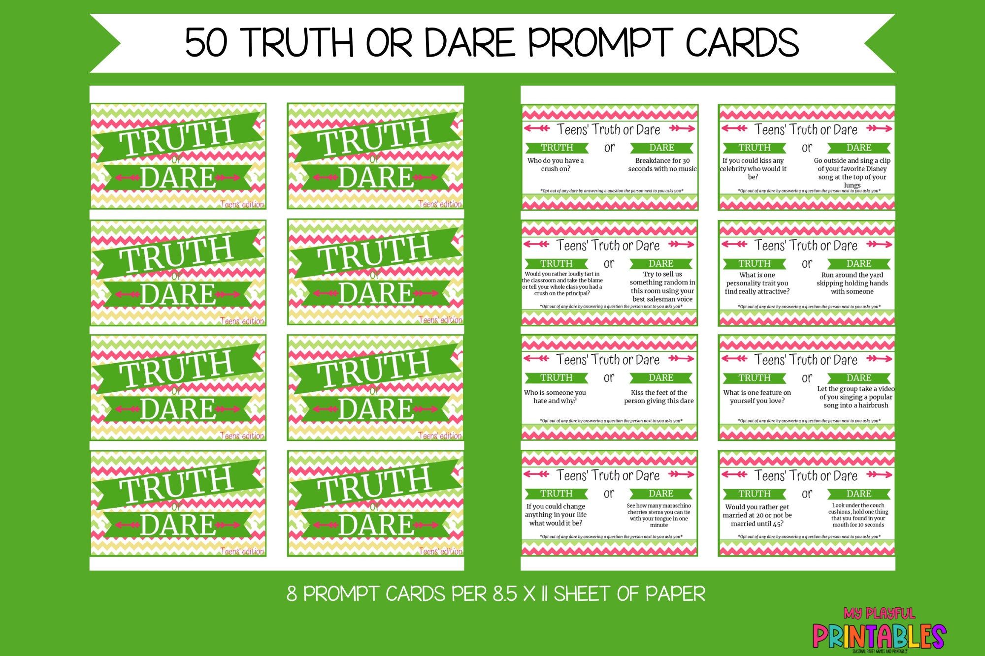 50 Teen Truth or Dare Cards| Teen Printable Games| Teen Games | Teen ...